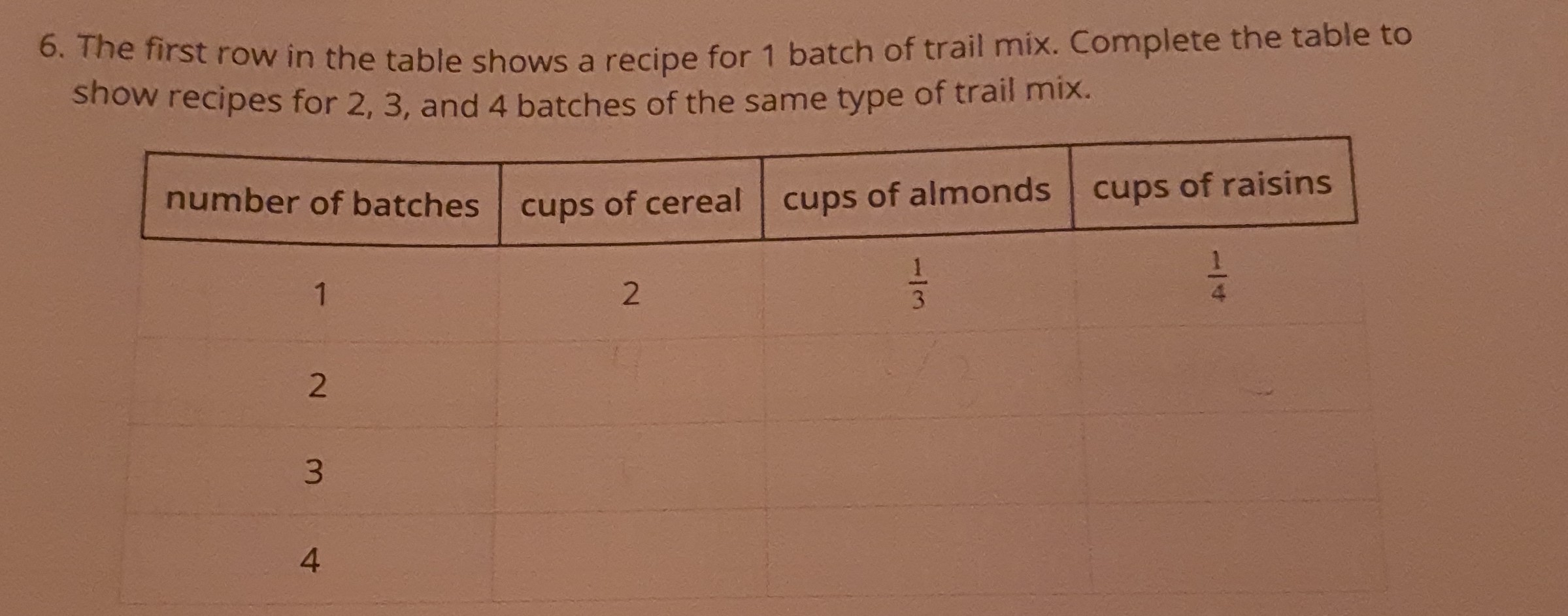 SOLVED: 6. The first row in the table shows a recipe for 1 batch of ...