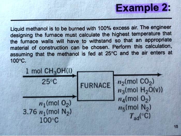SOLVED: Example 2: Liguid methanol is to be burned with 100% excess air ...