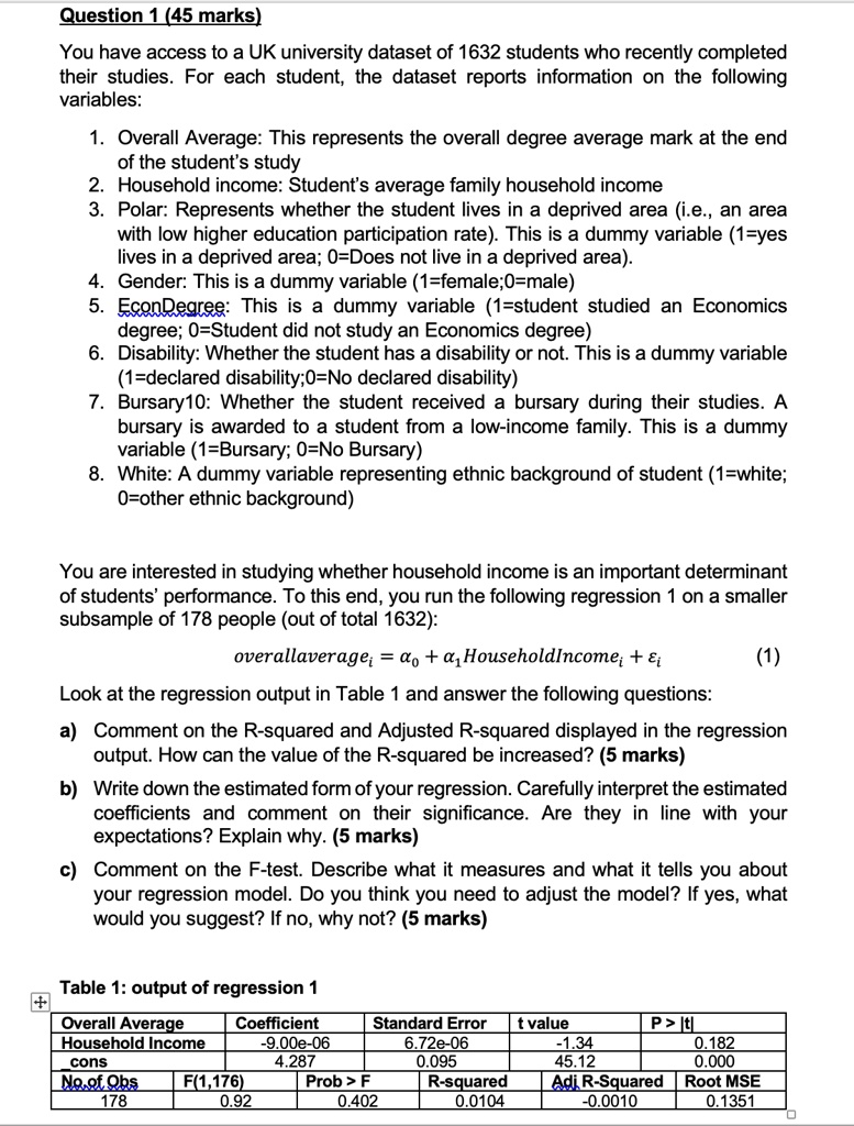 SOLVED: Question 1 (45 marks): You have access to a UK university dataset of 1632 students who ...