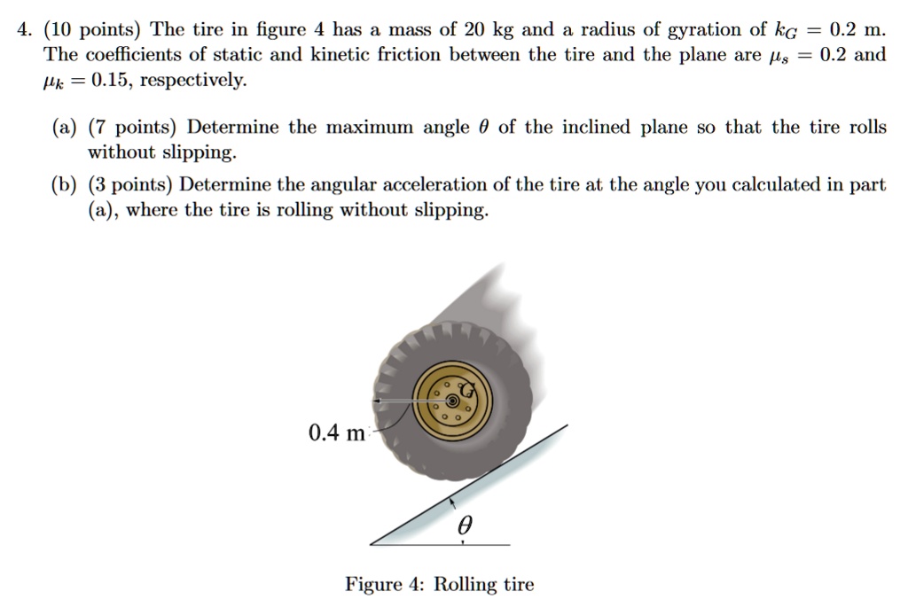 SOLVED: 4. (10 points) The tire in figure 4 has a mass of 20 kg and a ...