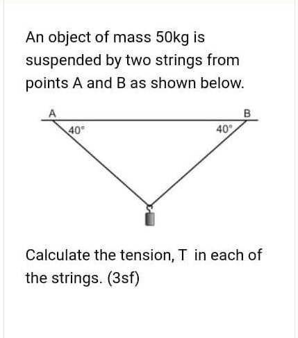 SOLVED: An object of mass 50 kg is suspended by two strings from points ...