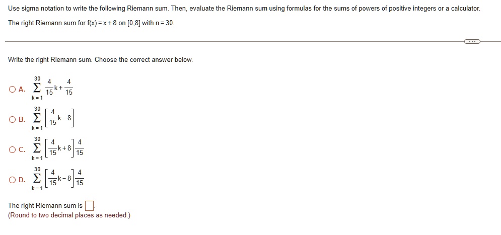 Use sigma notation to write the following Riemann sum. Then, evaluate ...