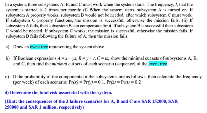 In a system, three subsystems A, B, and C must work when the system ...