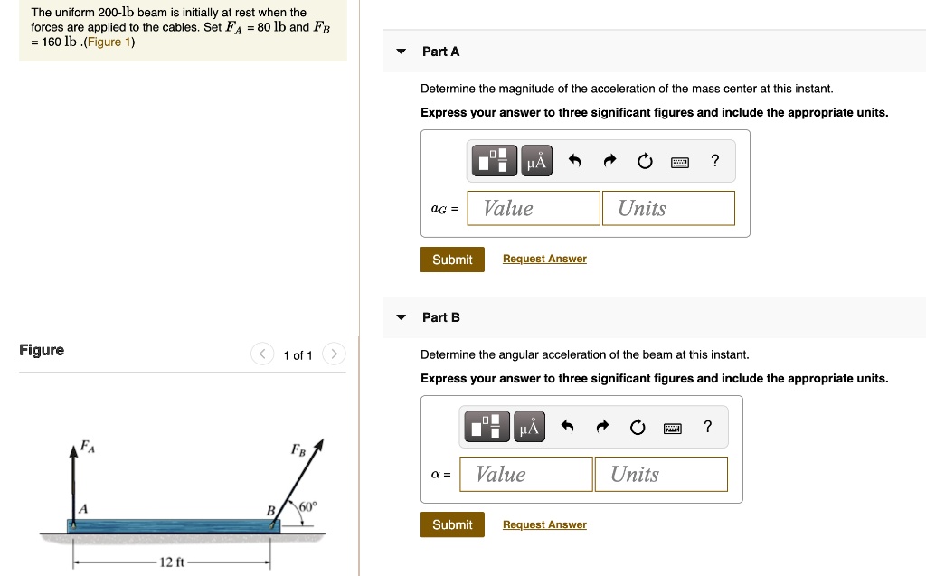 the uniform 200 ib beam is initially at rest when the forces are ...