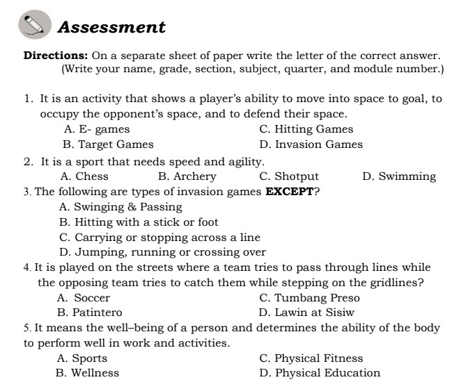 Assessment Directions: On a separate sheet of paper write...