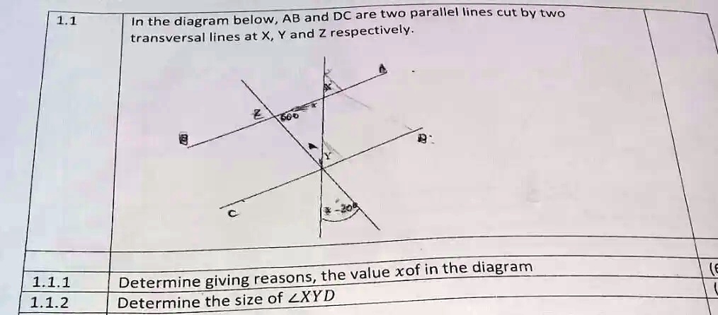 1.1.1 1.1.2 1.1 In the diagram below, AB and DC are two parallel lines cut by two transversal ...