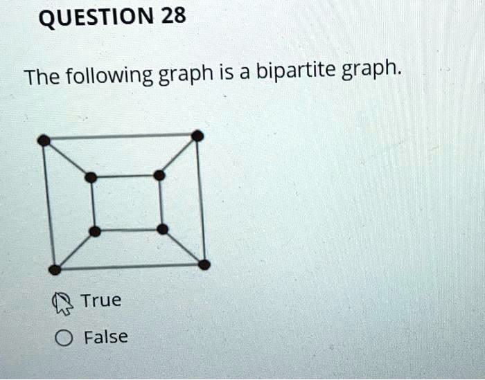 SOLVED: QUESTION 28 The following graph is a bipartite graph: True False SOLVED: QUESTION 28 The following graph is a bipartite graph: True False