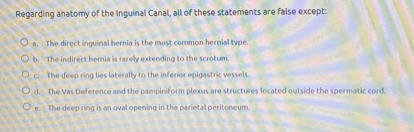 Regarding anatomy of the Inguinal Canal, all of these statements are ...