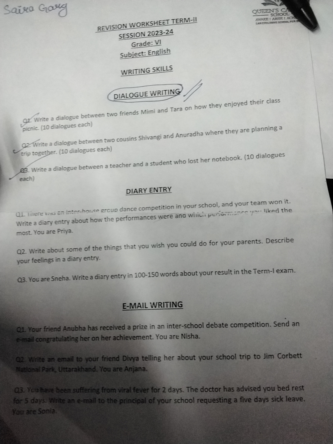 SOLVED: Saira Gary REVISION WORKSHEET TERM-II SESSION 2023-24 Grade: VI ...