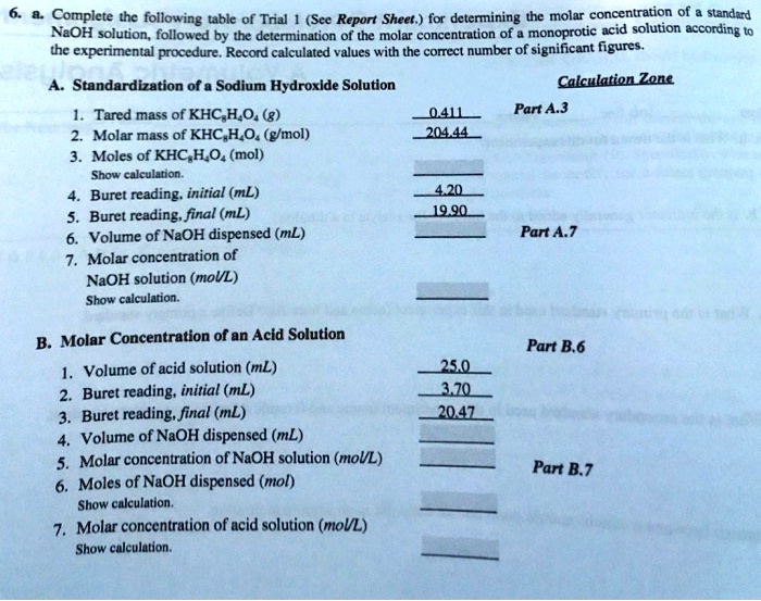 complete the following table of trial see report sheet for determining the molar concentration ...