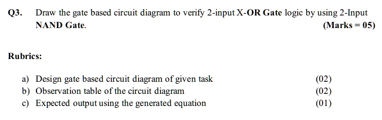 Q3. Draw the gate based circuit diagram to verify 2-input X-OR Gate logic by using 2-Input NAND ...
