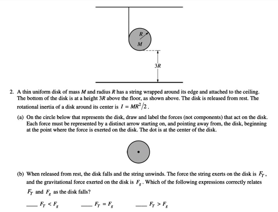 3r a thin uniform disk of mass m and radius r has a string wrapped around its edge and attached ...