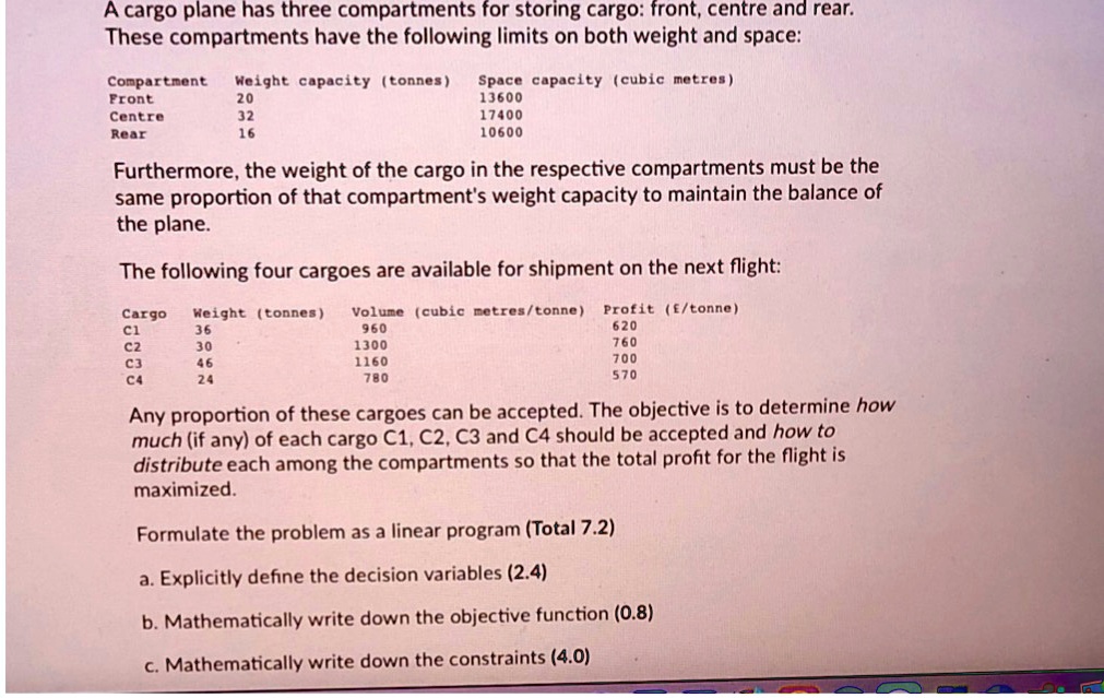 a cargo plane has three compartments for storing cargo front centre and ...