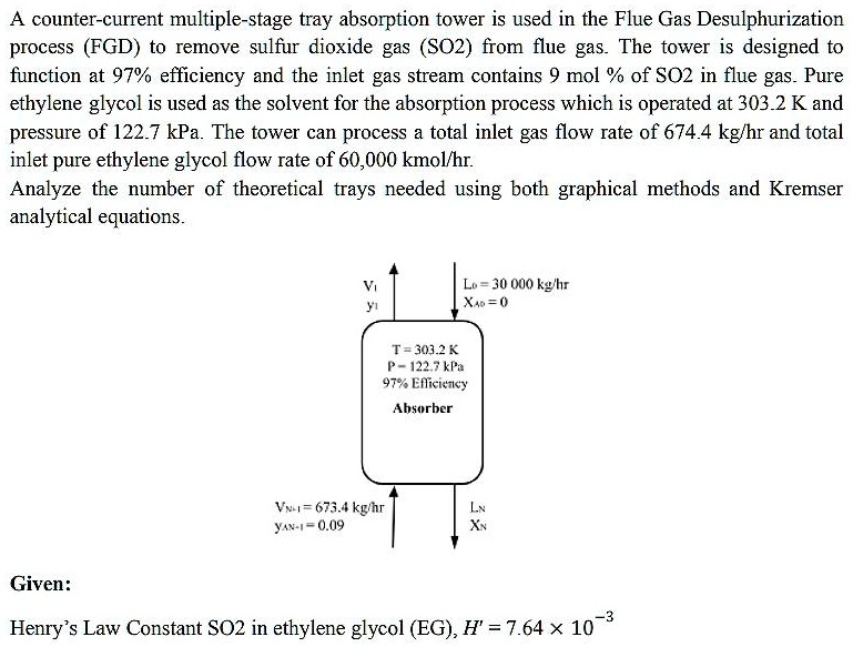 SOLVED: Lo = 60,000 kg per hour A counter-current multiple-stage tray absorption tower is used ...