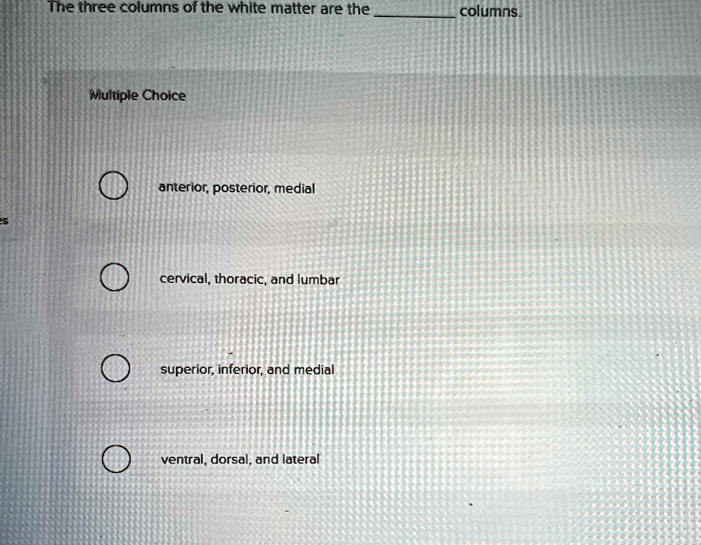 The three columns of the white matter are the columns. Multiple Choice ...