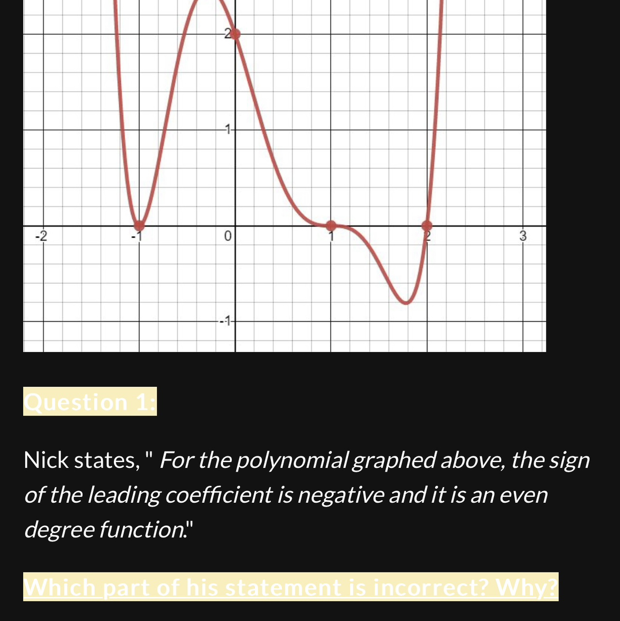SOLVED: Nick states, "For the polynomial graphed above, the sign of the ...