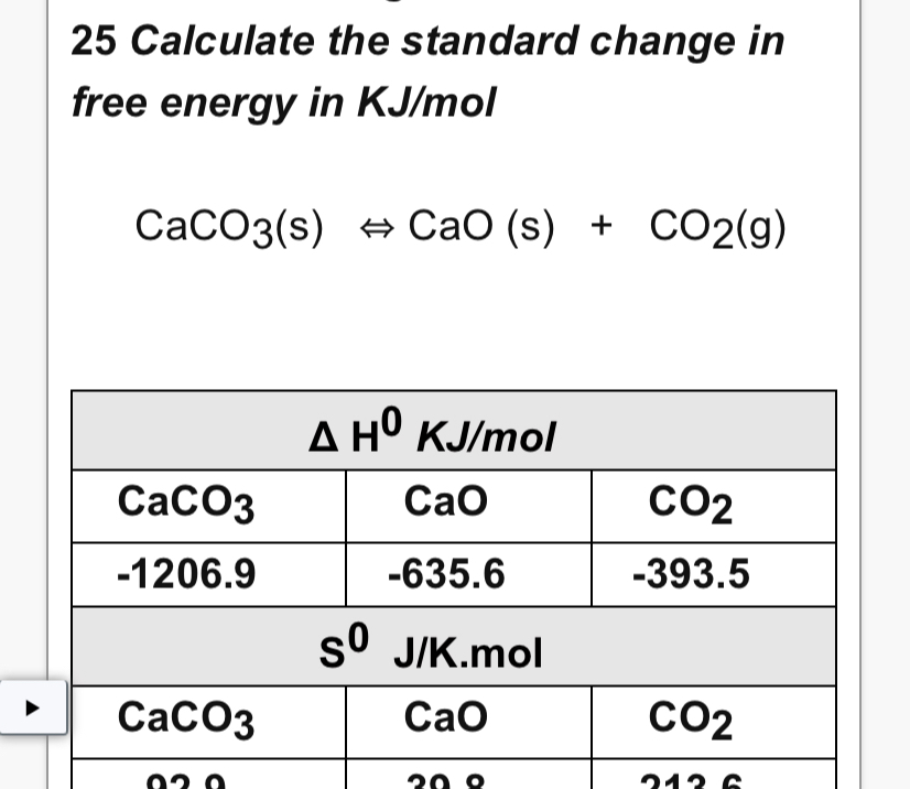SOLVED: 25 Calculate the standard change in free energy in KJ / mol ...