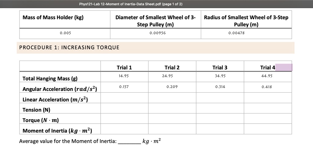 phys121 lab 12 moment of inertia data sheet pdf page of 2 mass of mass ...