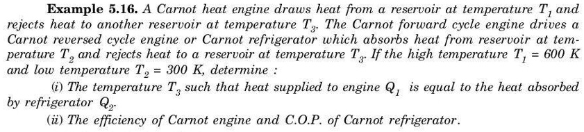 SOLVED: Example 5.16.A Carnot heat engine draws heat from a reservoir ...