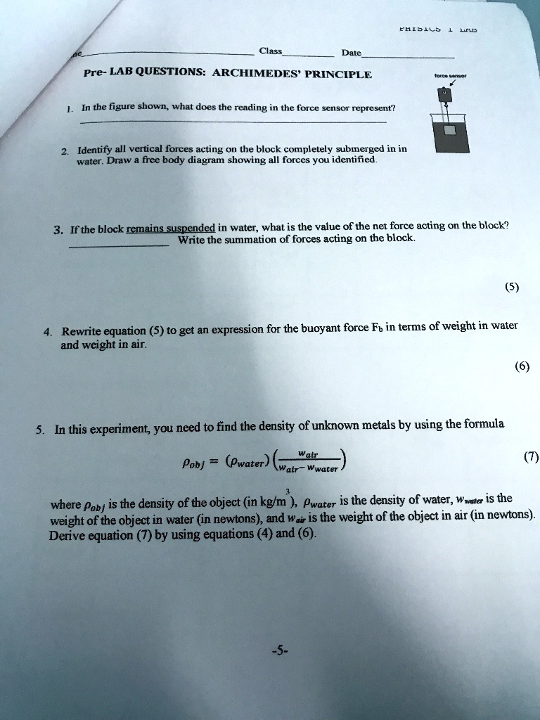 SOLVED: EHISILO LAT Date: Pre-LAB QUESTIONS: ARCHIMEDES' PRINCIPLE In ...