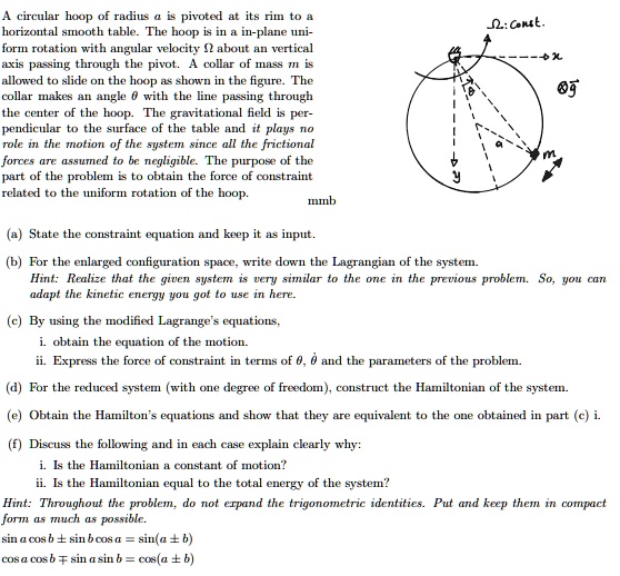 SOLVED: A circular hoop of radius a is pivoted at its rim to a horizontal smooth table. The hoop ...
