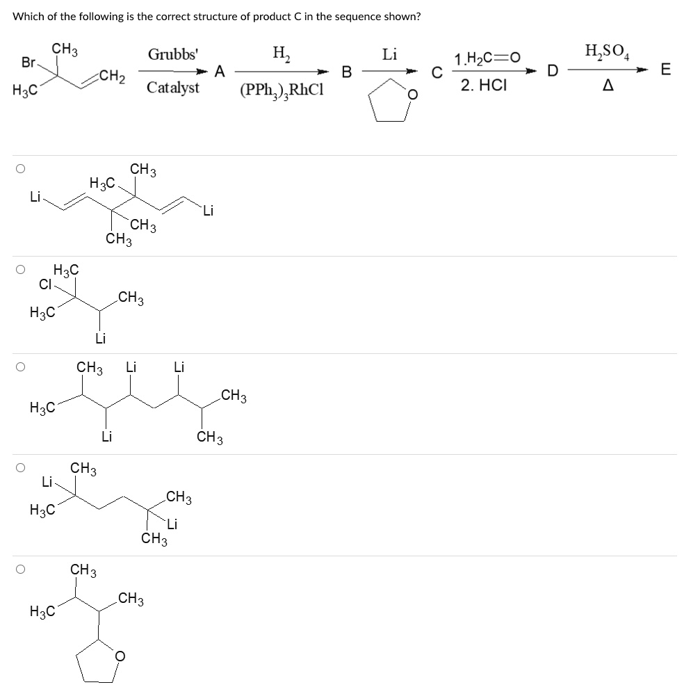 which of the following is the correct structure of product c in the sequence shown ch3 grubbs br ...