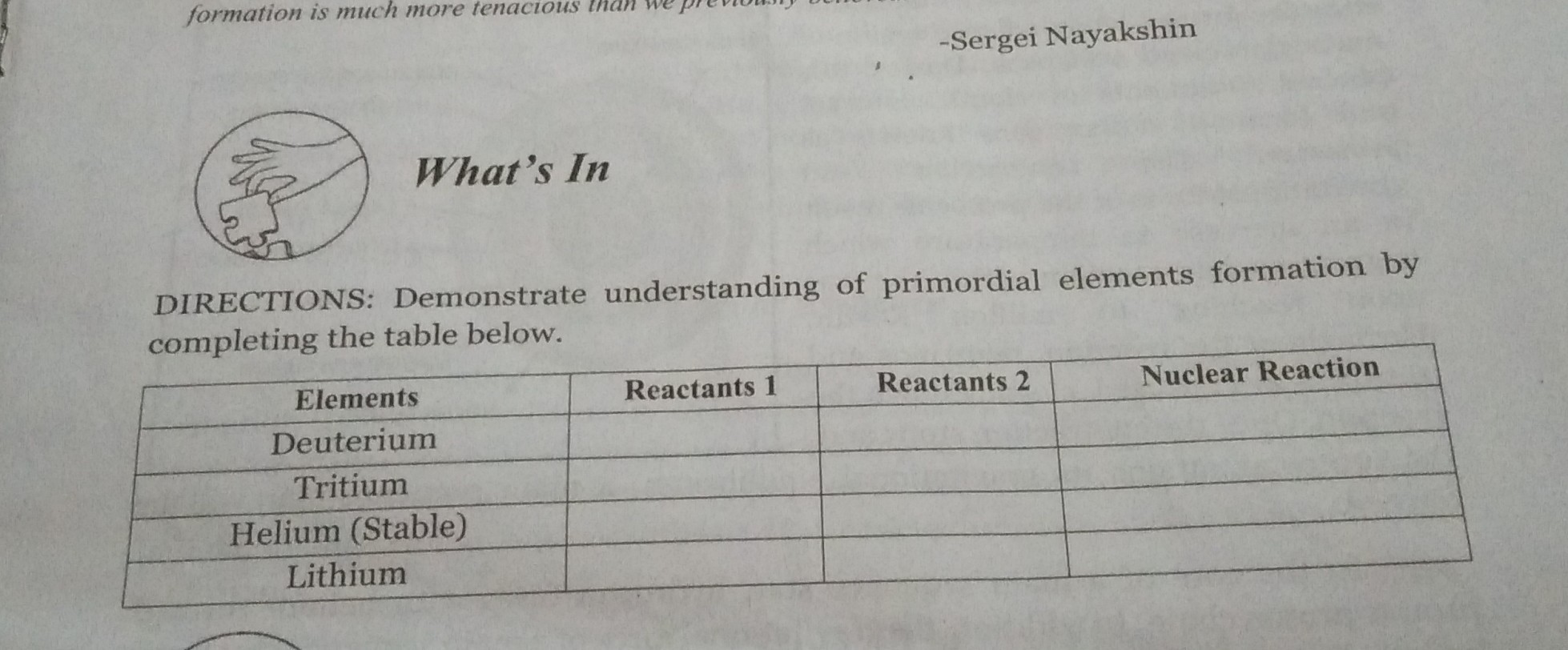 SOLVED: What's In DIRECTIONS: Demonstrate understanding of primordial elements formation by ...
