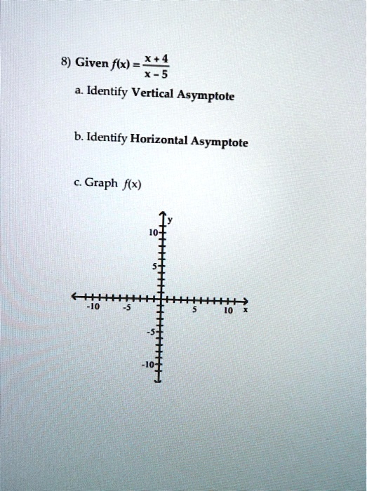 Solved Given Flx 4 X 5 Identify Vertical Asymptote Identify Horizontal Asymptote Graph F X