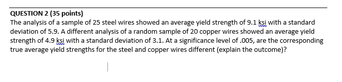 SOLVED: QUESTION 2 (35 points) The analysis of sample of 25 steel wires ... SOLVED: QUESTION 2 (35 points) The analysis of sample of 25 steel wires ...