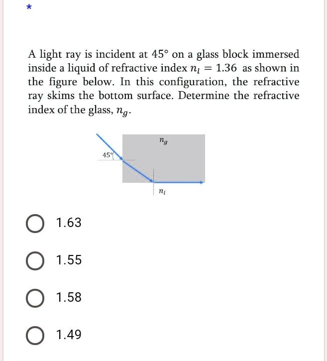 SOLVED: A light ray is incident at 45Â° on a glass block immersed ...