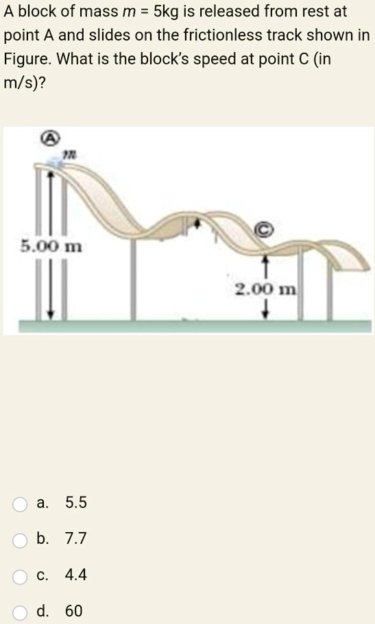 A block of mass m = 5kg is released from rest at point A and slides on the frictionless track ...