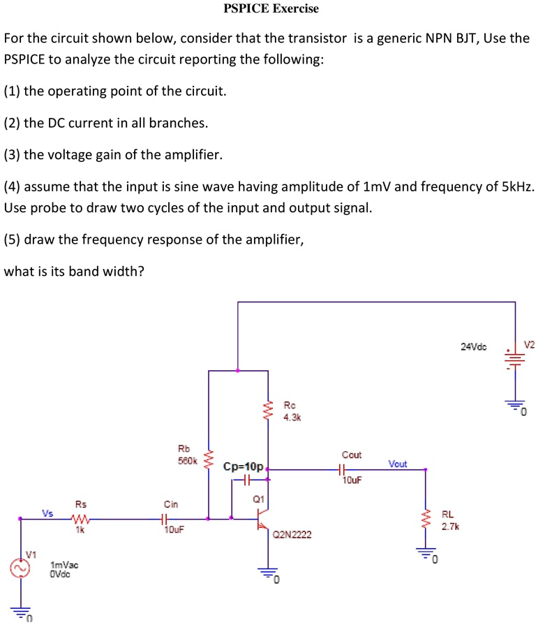 PSPICE Exercise For the circuit shown below, consider that the transistor is a generic NPN BJT ...