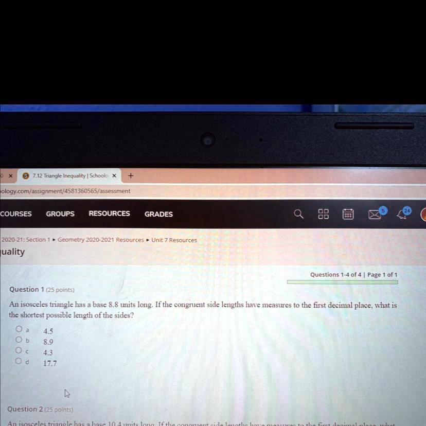 SOLVED: 'Question 1 (25 points) An isosceles triangle has a base 8.8 ... SOLVED: 'Question 1 (25 points) An isosceles triangle has a base 8.8 ...