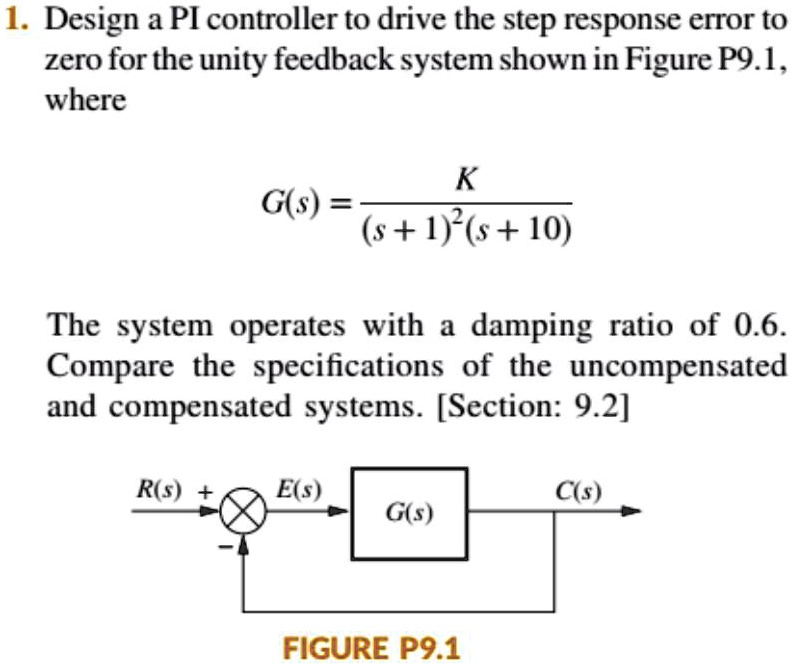 1. Design a PI controller to drive the step response error to zero for the unity feedback system ...
