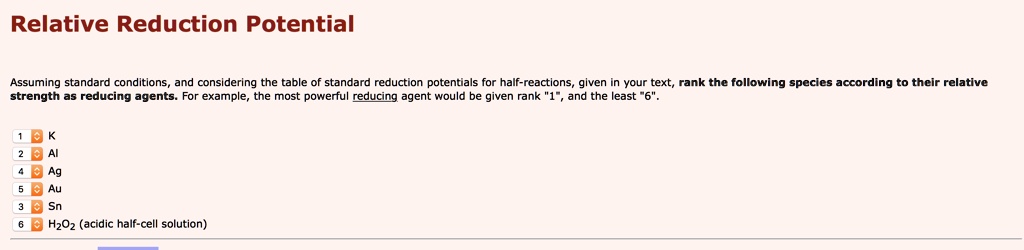 Solved Relative Reduction Potential Assuming Standard Conditions