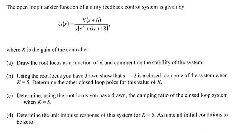 The Open Loop Transfer Function Of A Unity Feedback Control System Is