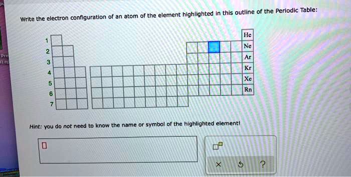 SOLVED: element highlighted In this outline of the Periodic Table: Write the electron ...
