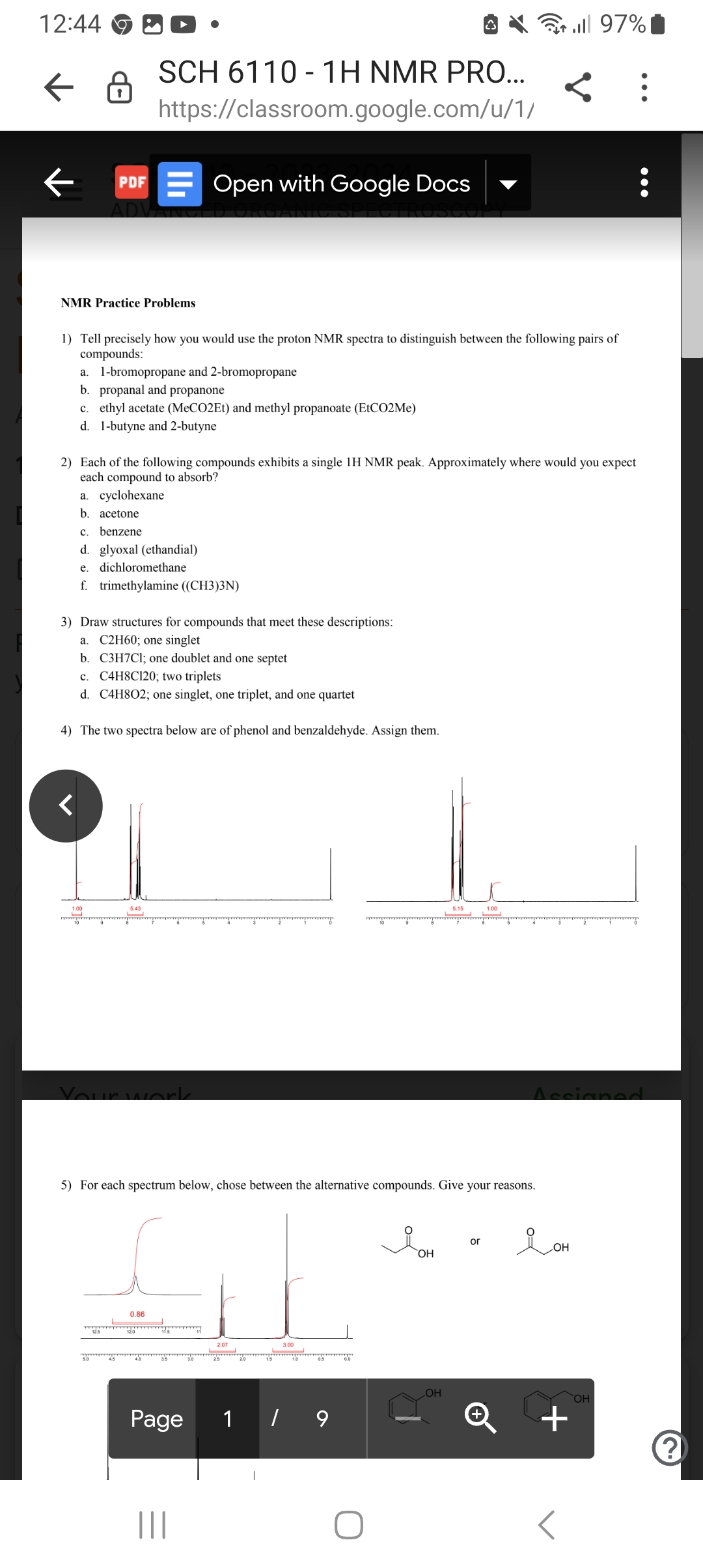 12:44 ??? SCH 6110 - 1H NMR PRO... https://classroom.google.com/u/1 ...