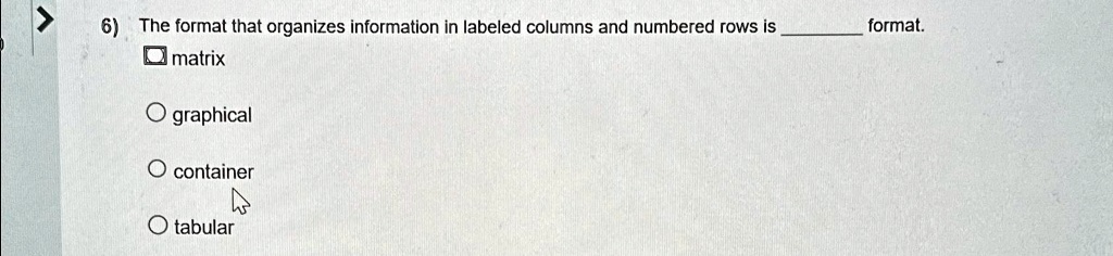 SOLVED: The format that organizes information in labeled columns and numbered rows is format ...