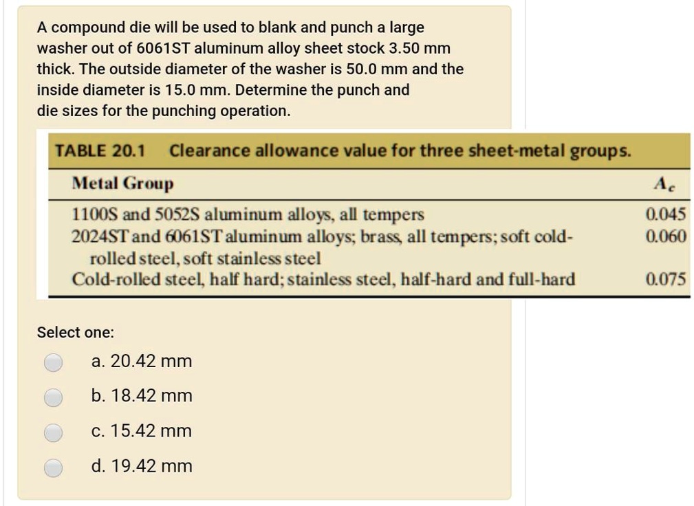 SOLVED: A compound die will be used to blank and punch a large washer ...