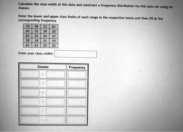 SOLVED: Calculate the class width of this data and construct a frequency distribution for this ...