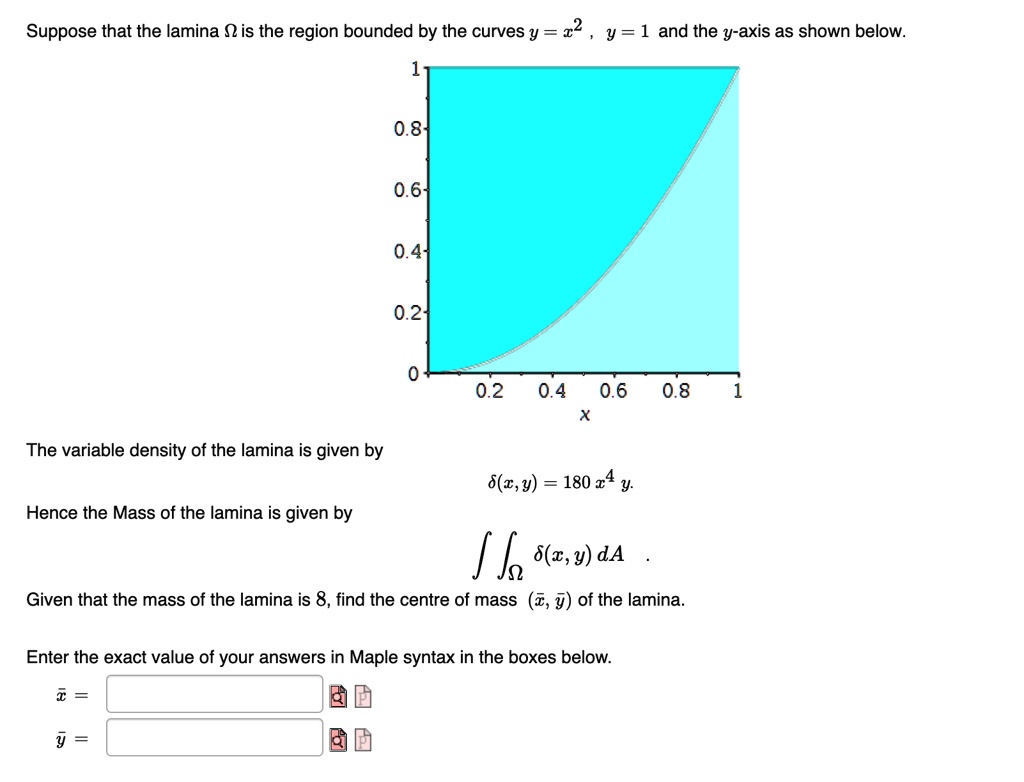 SOLVED: Suppose that the lamina Ω is the region bounded by the curves y= x2 , y=1 and the y ...