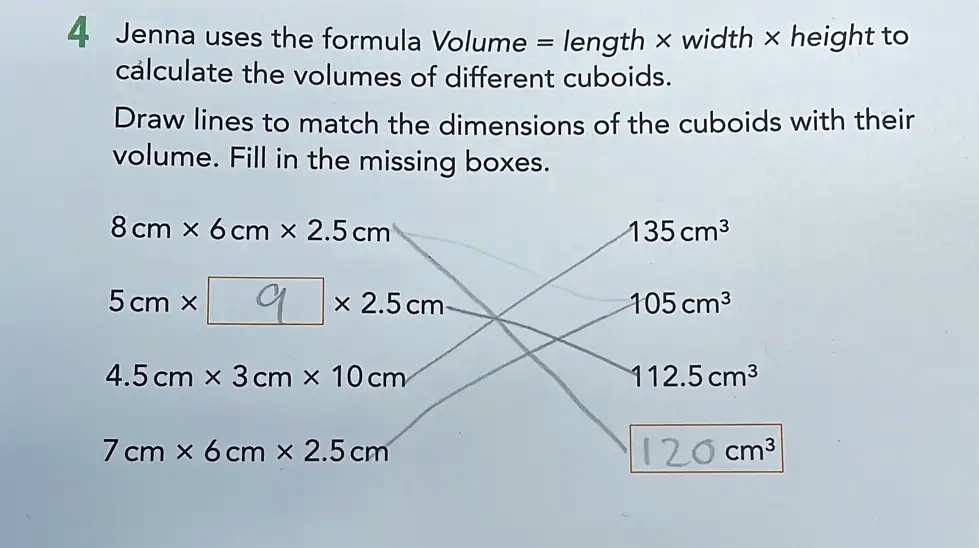 4 jenna uses the formula volume length x width x height to calculate ...
