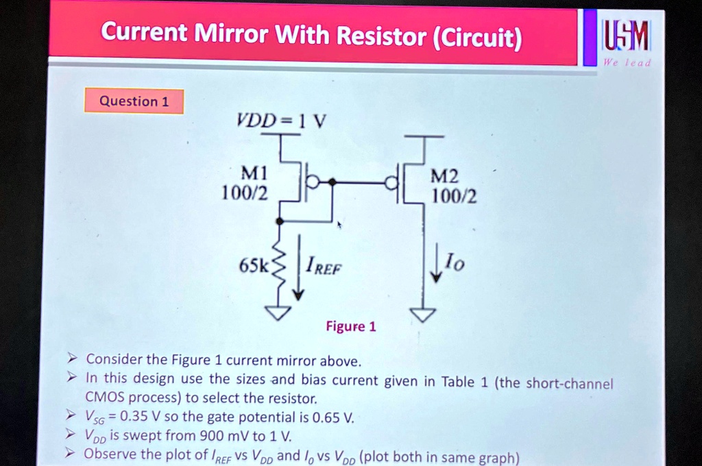 Current Mirror With Resistor (Circuit) Question 1 VDD = 1 V M1 100/2 ...