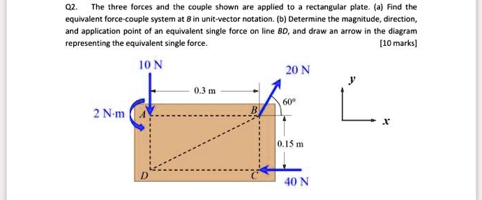 q2 the three forces and the couple shown are applied to a rectangular ...