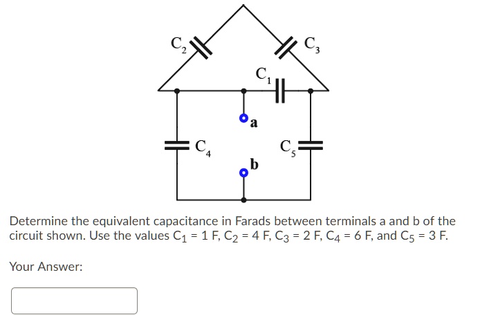 SOLVED: Determine the equivalent capacitance in Farads between terminals a and b of the circuit ...
