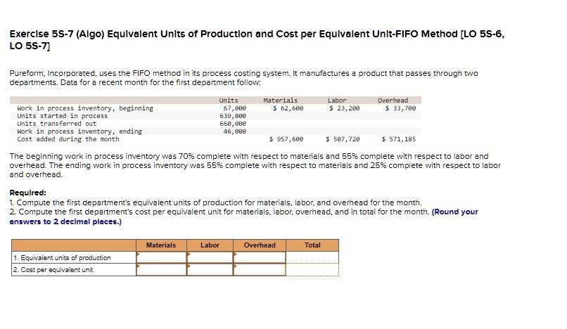 SOLVED: Exercise 5-7 (Algo) Equivalent Units of Production and Cost per Equivalent Unit - FIFO ...