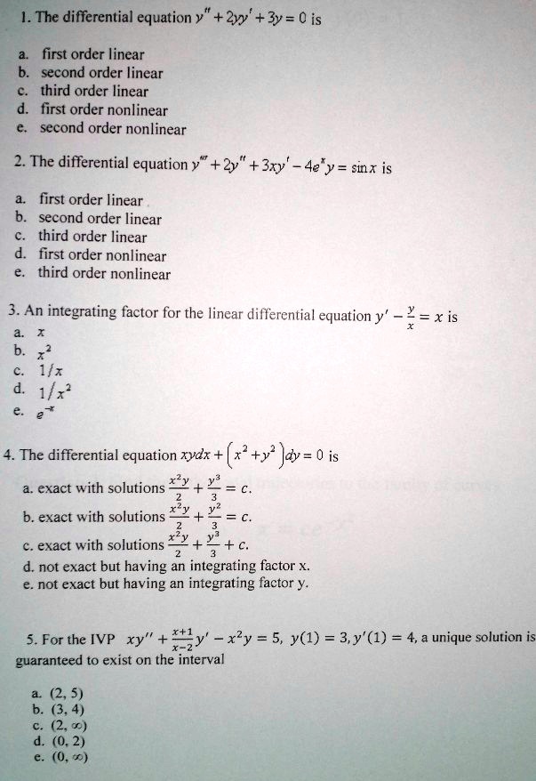 SOLVED:1. The differential equation y' 2yy +3y=0 is first order linear ...