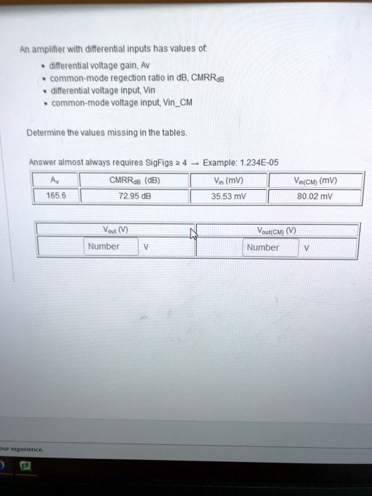 SOLVED: An amplifier with differential inputs has values of differential voltage gain (Av ...
