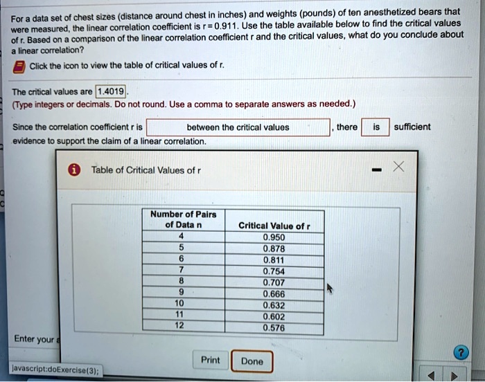 SOLVED: For a data set of chest sizes (distance around chest in inches) and weights (pounds) of ...